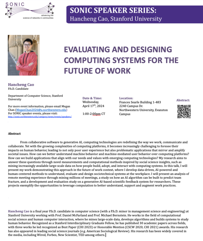 SONIC Lab Hosts P.h.D. Candidate Hancheng Cao – The Science of Networks ...